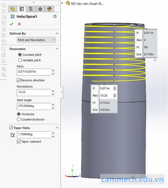Hướng dẫn tạo ren chuẩn NPT trong Solidworks